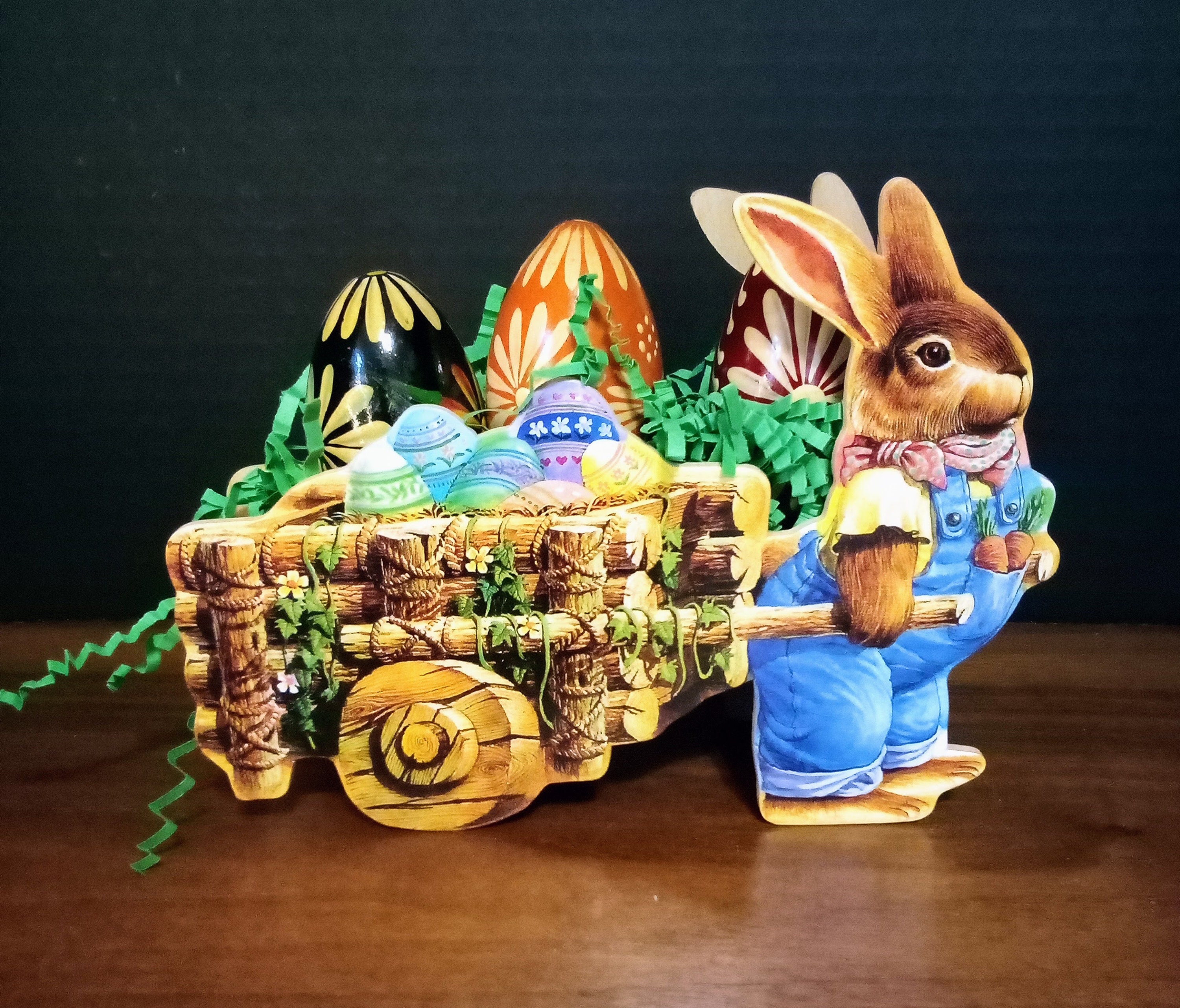 Wood Easter Bunny Rabbit Pulling Cart for Eggs Candy Gift Container ...