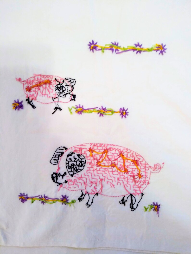 Vintage Plump Pink Pigs Prancing Through Purple Flowers on an Oversized ...