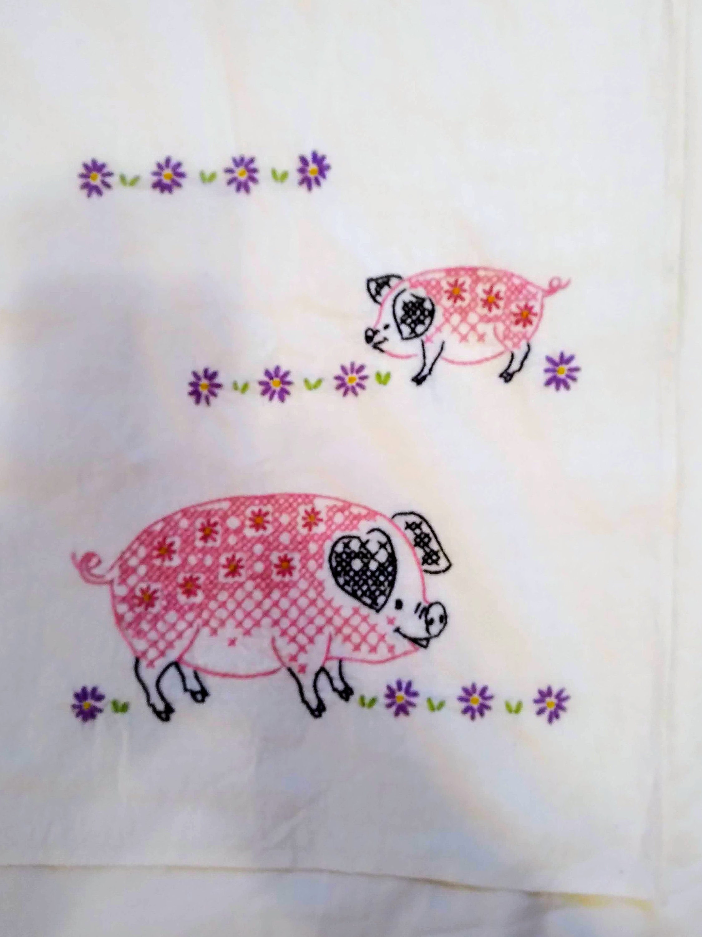 Vintage Plump Pink Pigs Prancing Through Purple Flowers on an Oversized ...