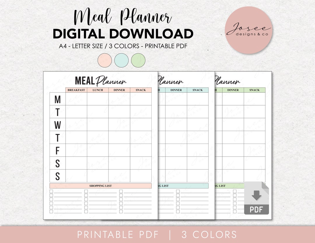 Weekly Meal Planner With Grocery List Printable Template, 7 Day Menu ...