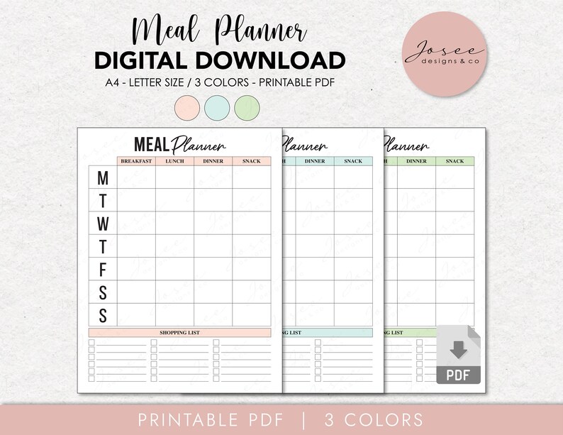 Weekly Meal Planner With Grocery List Printable Template, 7 Day Menu ...