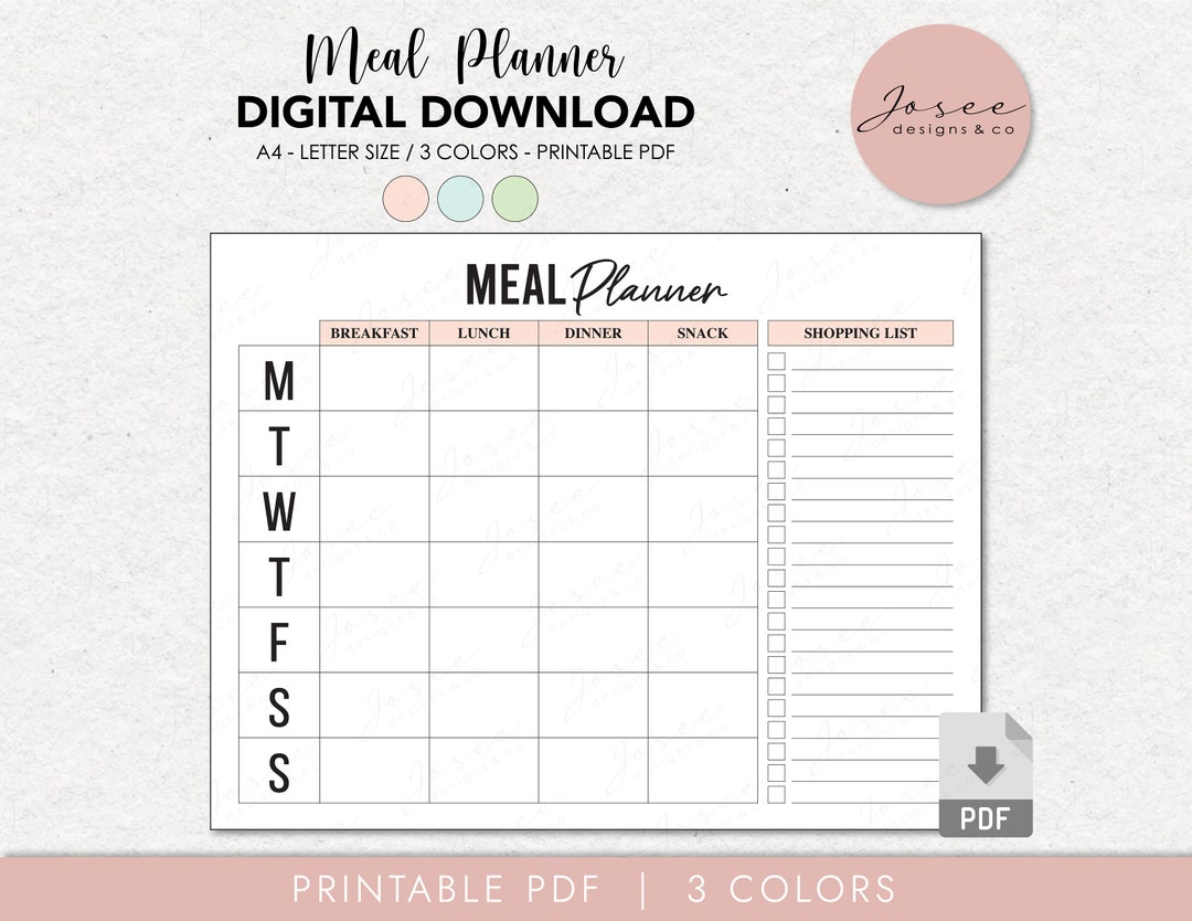 Weekly Meal Planner With Grocery List Printable Template, 7 Day Menu ...