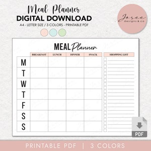 Weekly Meal Planner With Grocery List Printable Template, 7 Day Menu ...