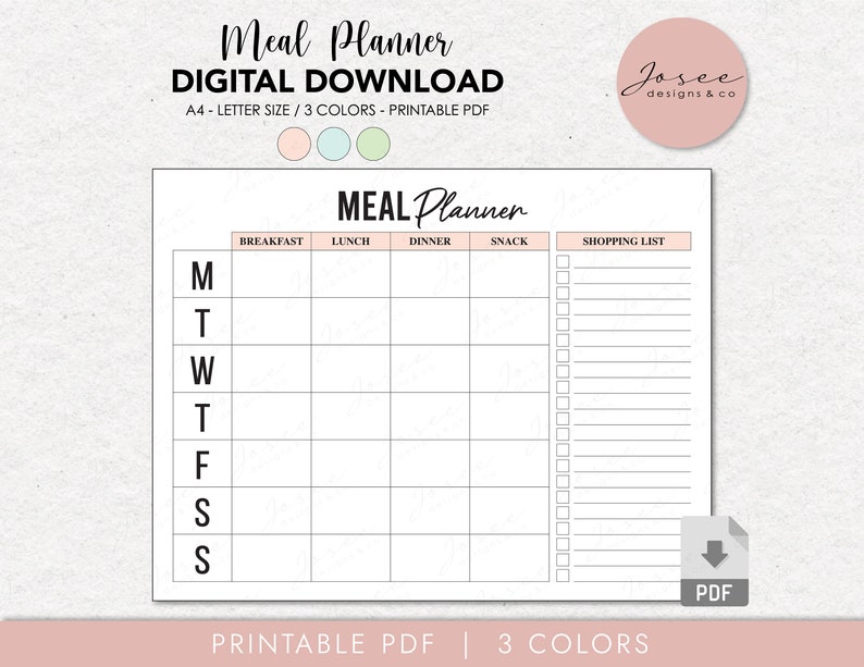 Weekly Meal Planner With Grocery List Printable Template, 7 Day Menu ...