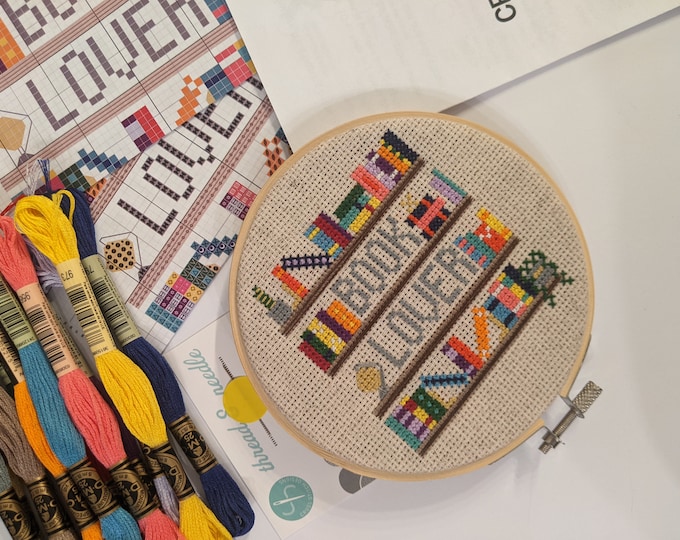 Full Cross Stitch Kit: Book Lover - Book Worm - 5-inch Hoop, Fabric ...