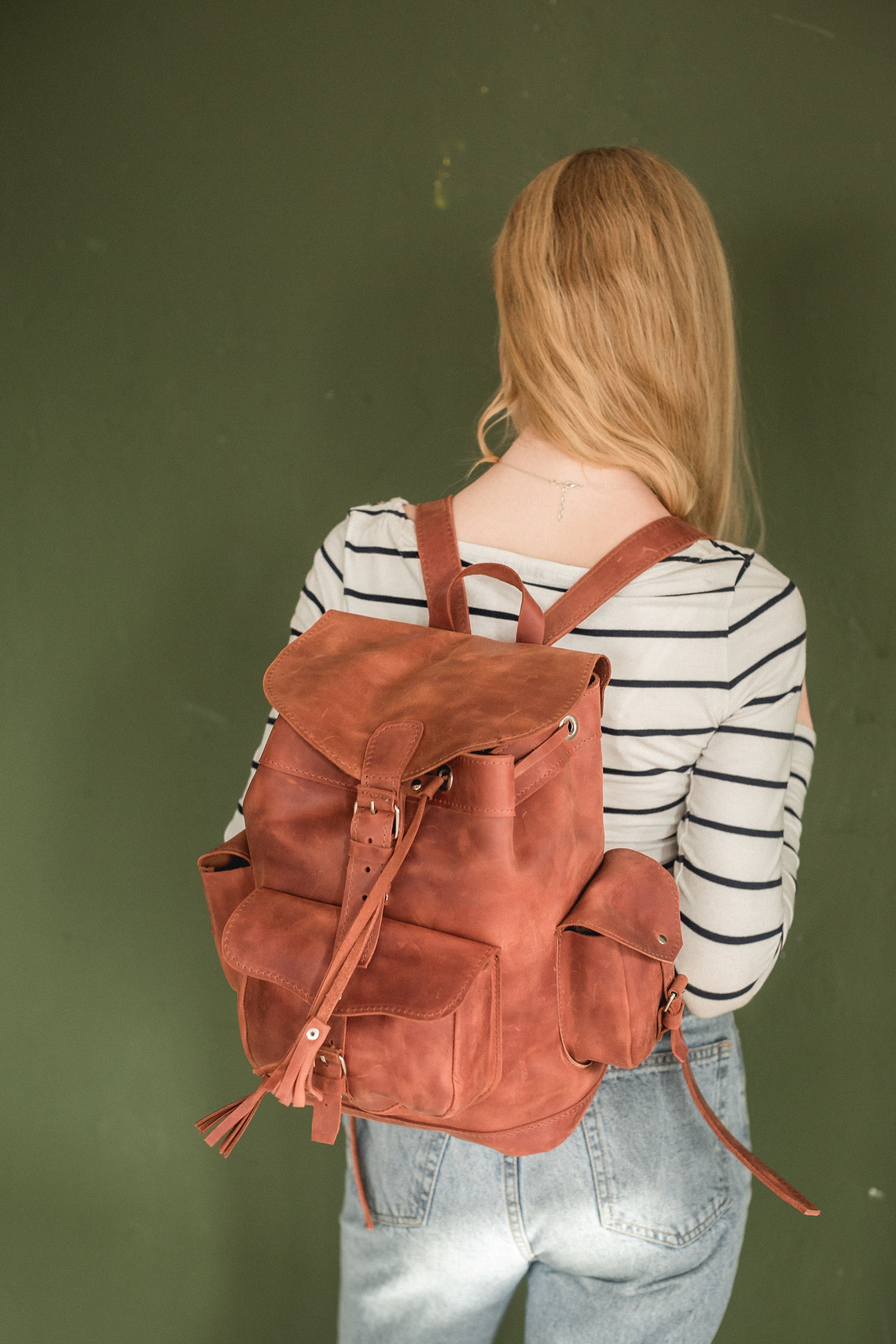 Leather backpack Women leather backpack Cognac backpack | Etsy