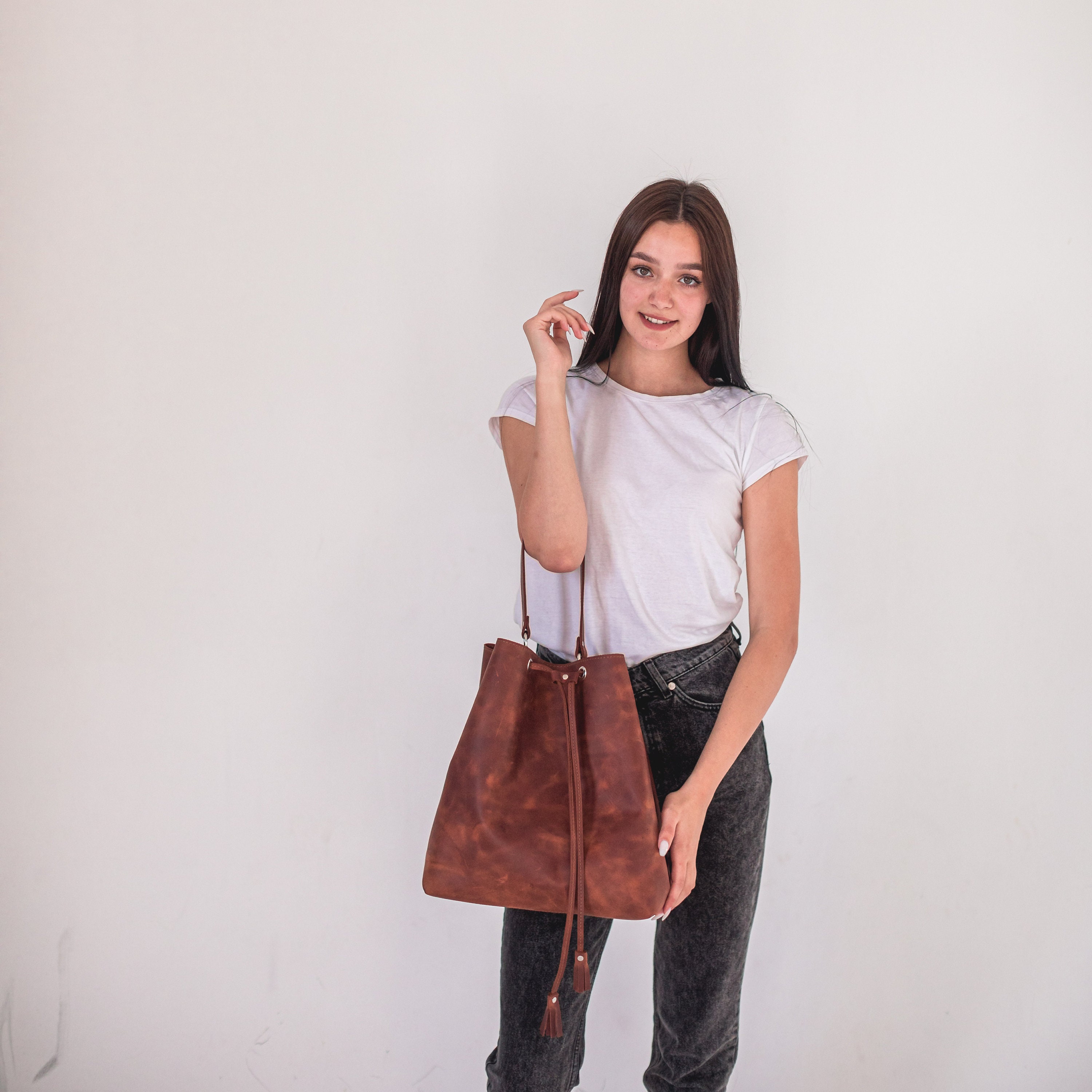 Leather Large Bucket Bag Leather Drawstring Bucket Purse | Etsy