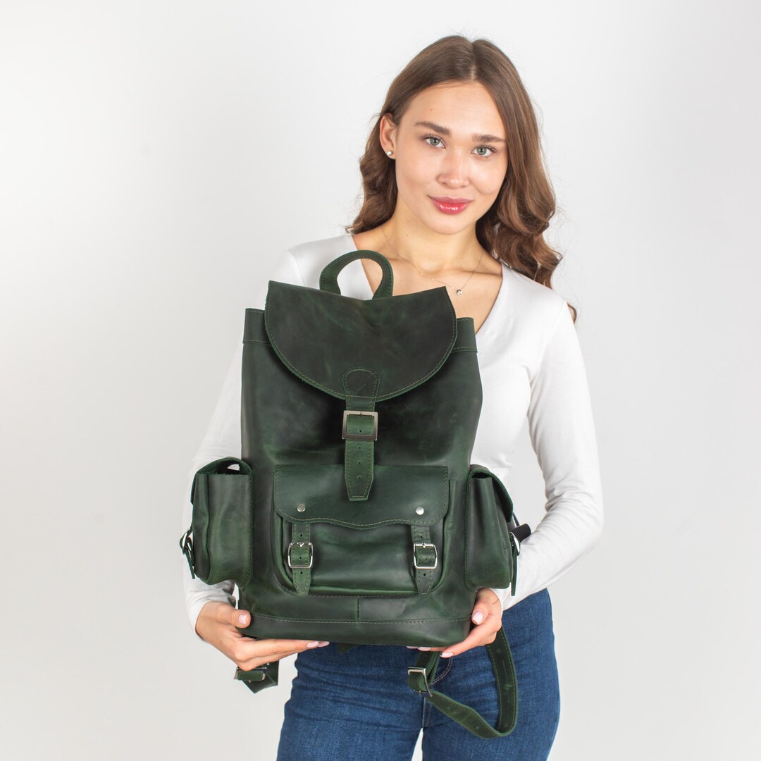 Green Handcrafted Leather Backpack With Outside Pockets and Optional ...