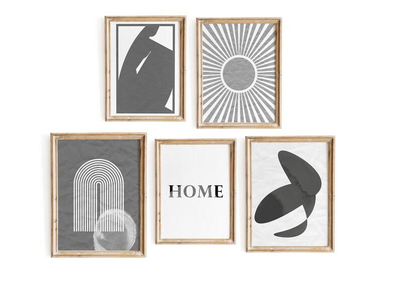 PRINTABLE Wall Art Set of 5 Prints, Black Gray Prints, Printable Wall ...