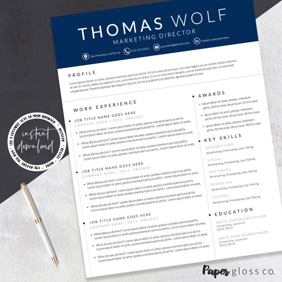 CV Template Simple Resume Modern Resume Template Photo Resume Instant 