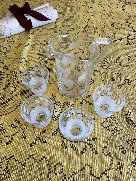 Vintage Etched Glass Pitcher and Glasses | Etsy