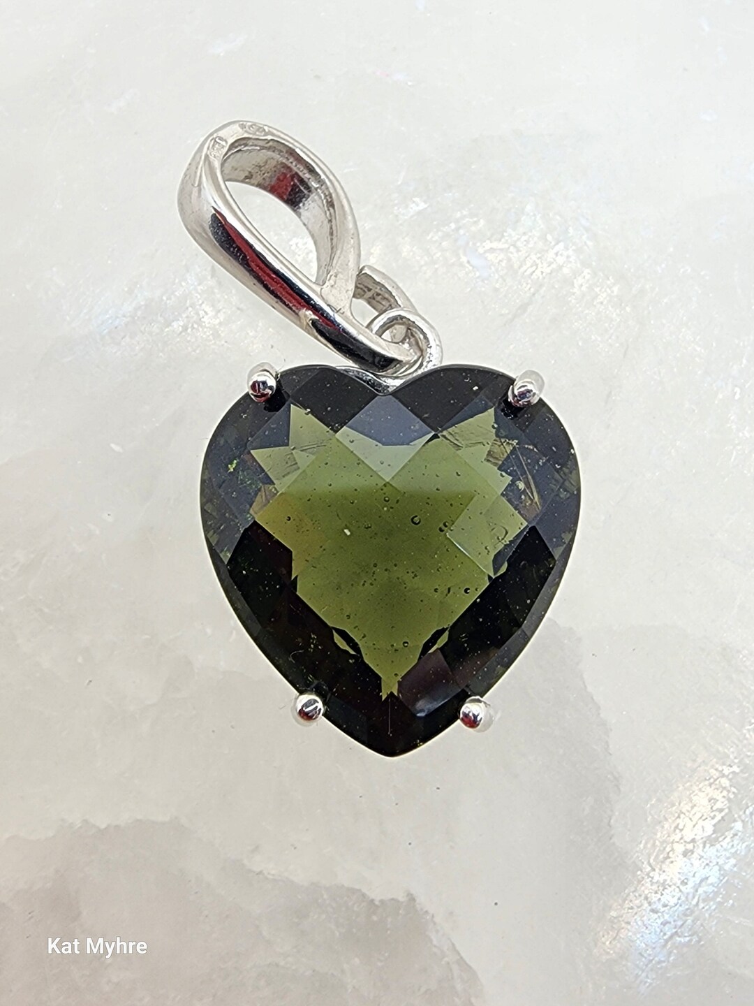 HEART Shaped Faceted Moldavite Sterling Silver Rhodium Plated Pendant ...