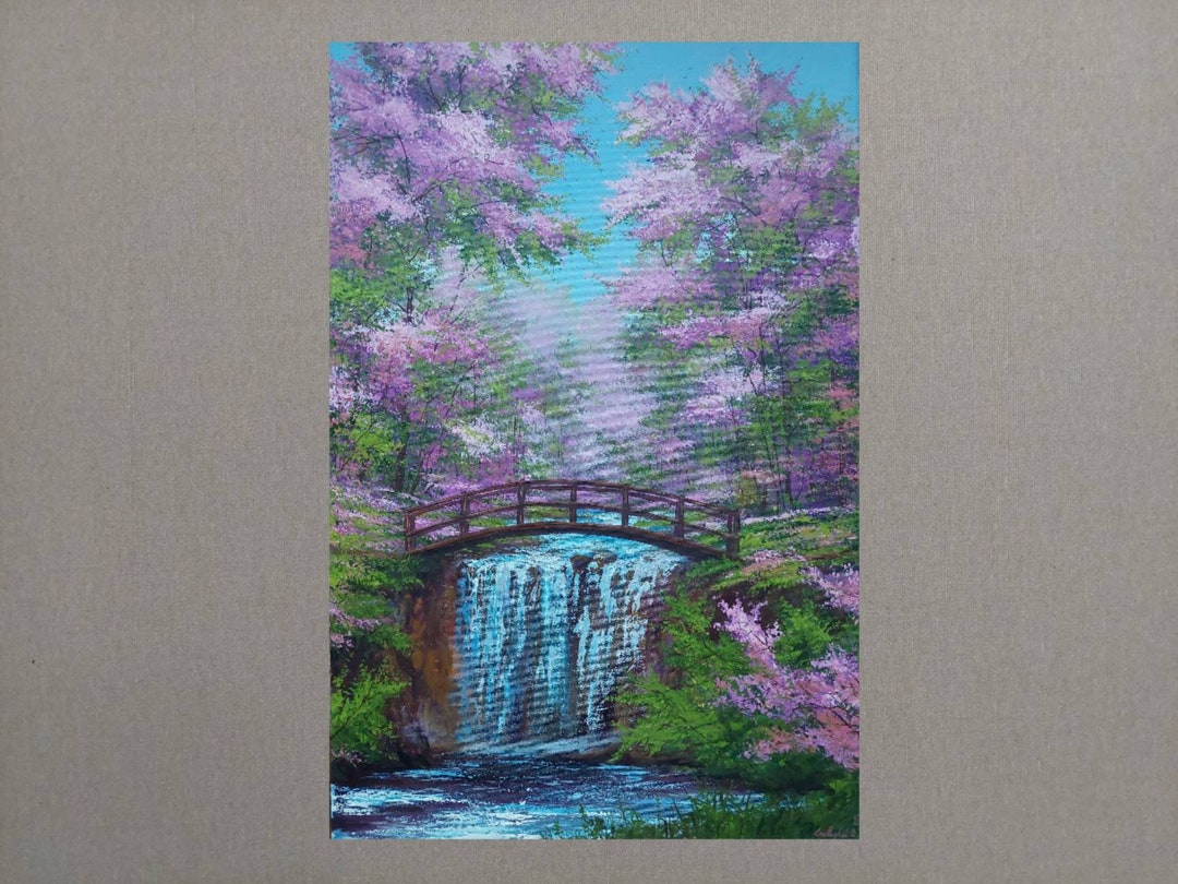 Large Sakura Trees and Wooden Bridge, Spring Cherry Tree Blossoming Oil ...