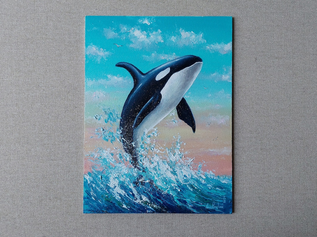 Orcas Painting. Original Oil Painting: Orca Leaping Above Sea on Clear ...