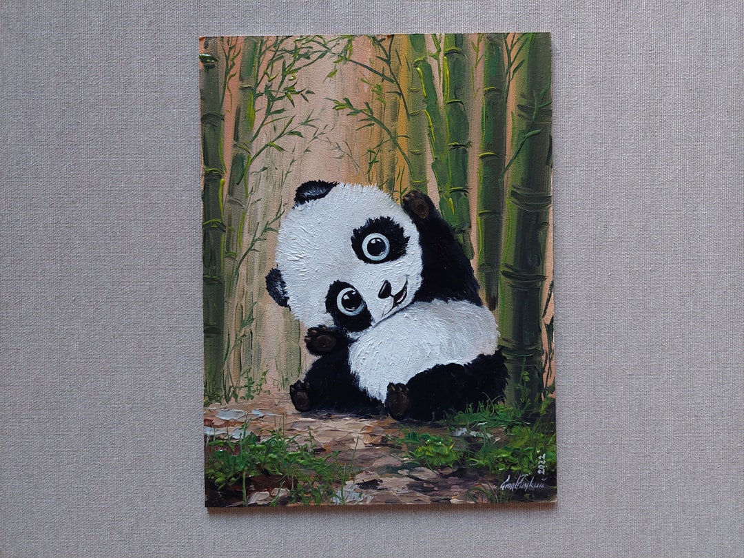 Cub Fluffy Panda Original Oil Painting. Cute Tini Playfully Panda ...