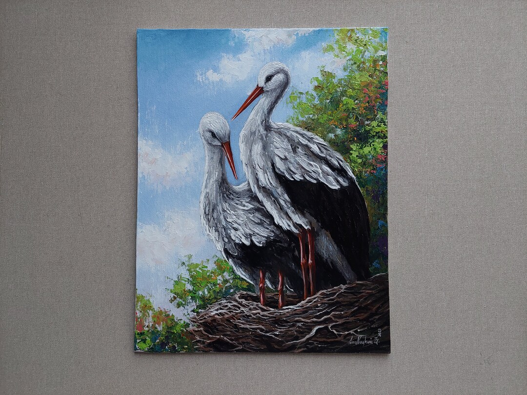 Stork Painting. A Cozy Romance: Love in Nest With Two Intertwined ...