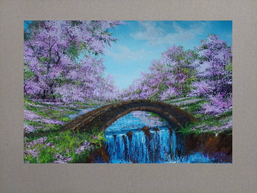 Painting Sakura Blossoms. Big Old Bridge in Cherry Tree Park. Vivid ...