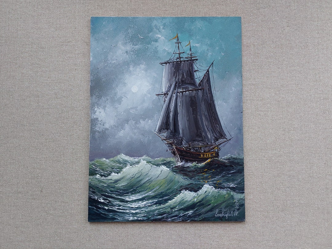 Sailboat Floats on the High Waves in Moonlight Night Original Oil ...