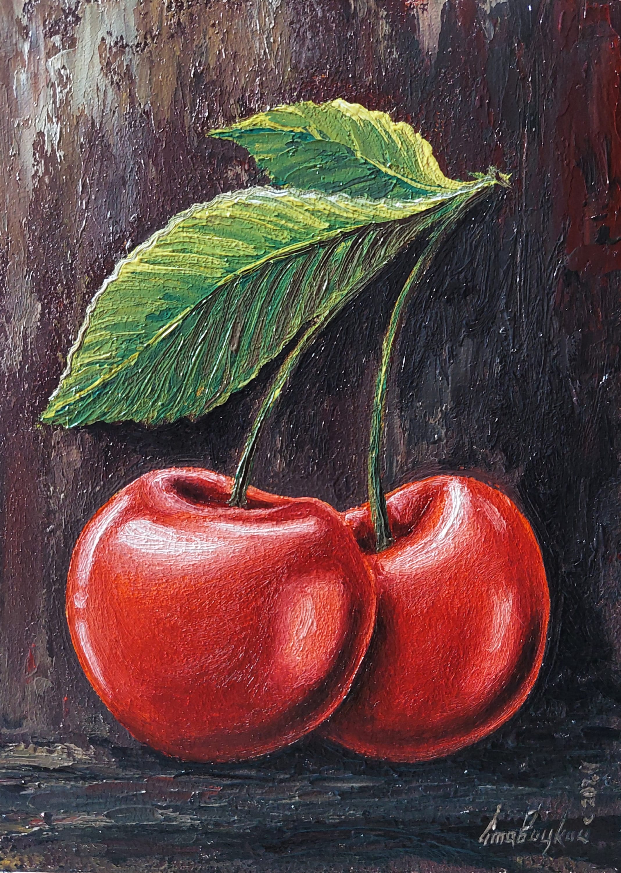 Red Sweet Cherry Original Oil Painting, Minimalistic Still Life ...