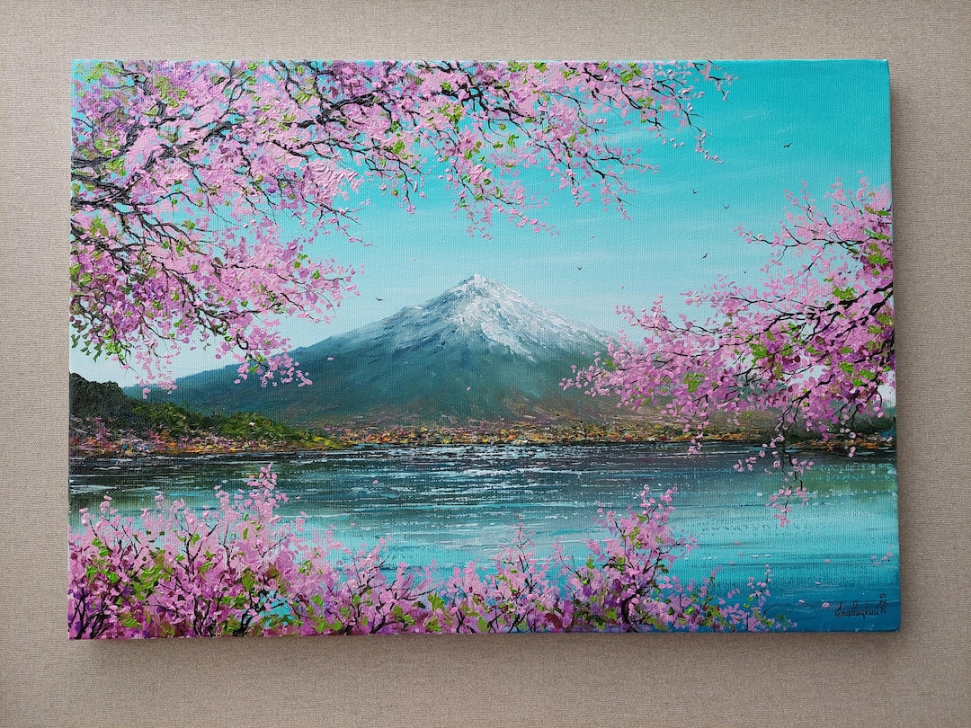 Mount Fuji Original Oil Painting. Fujiyama Mountain in Spring Sakura ...