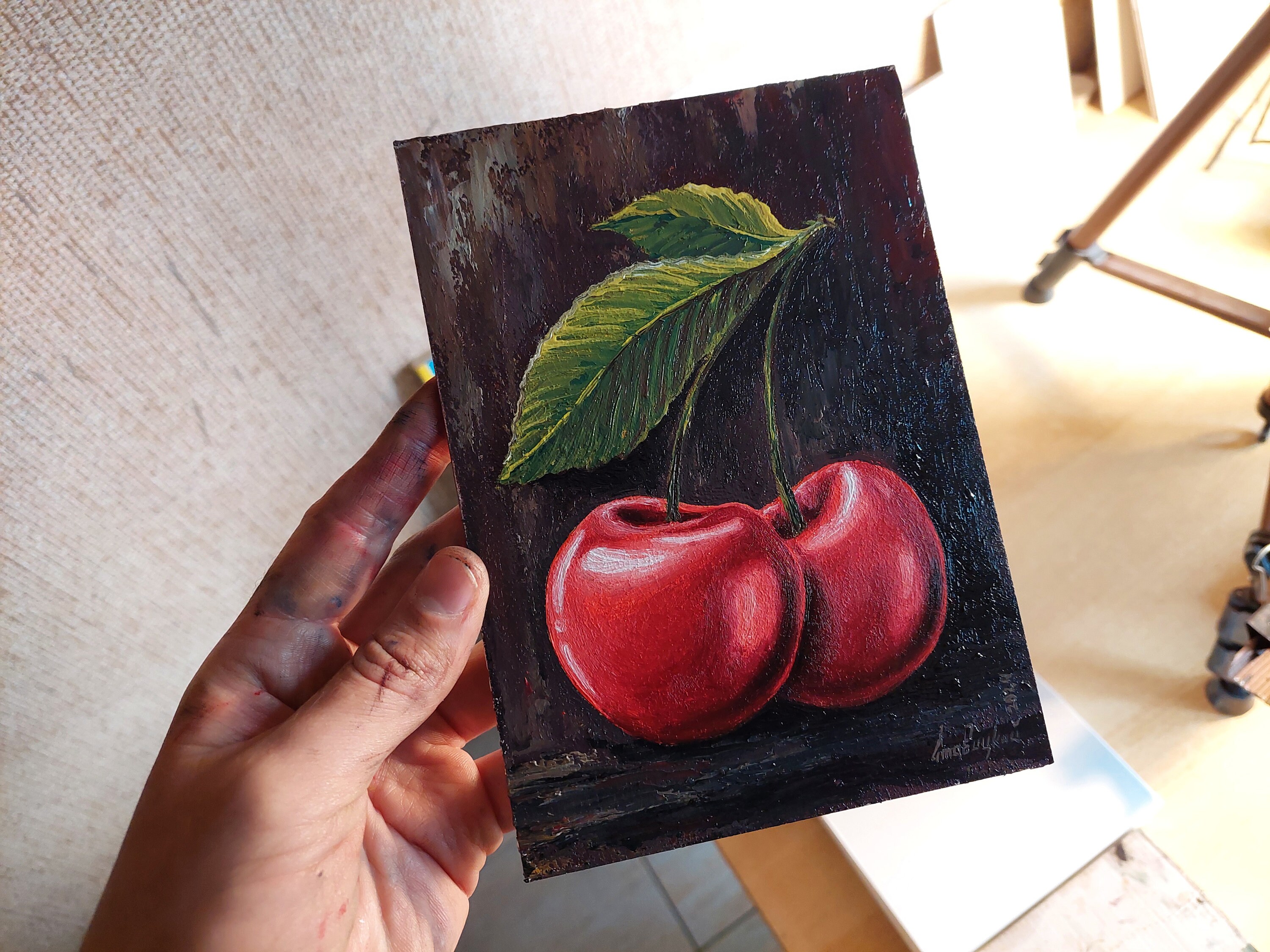Red Sweet Cherry Original Oil Painting, Minimalistic Still Life ...