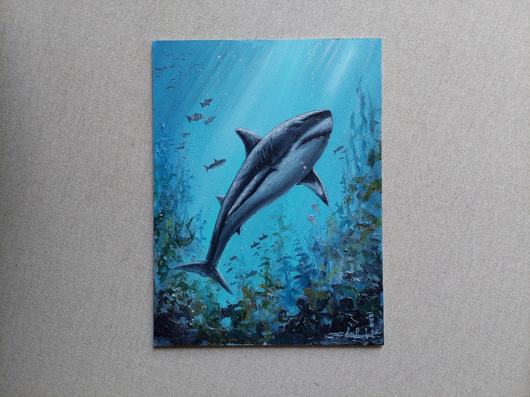 Shark Original Oil Painting. Underwater Dangerous Predator. Big Hungry ...