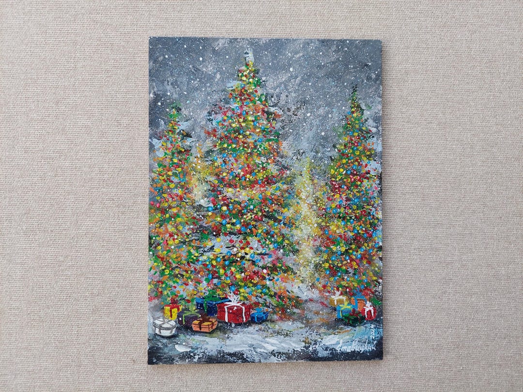 Sold. Festive Christmas Scene Original Oil Painting. Christmas Trees ...