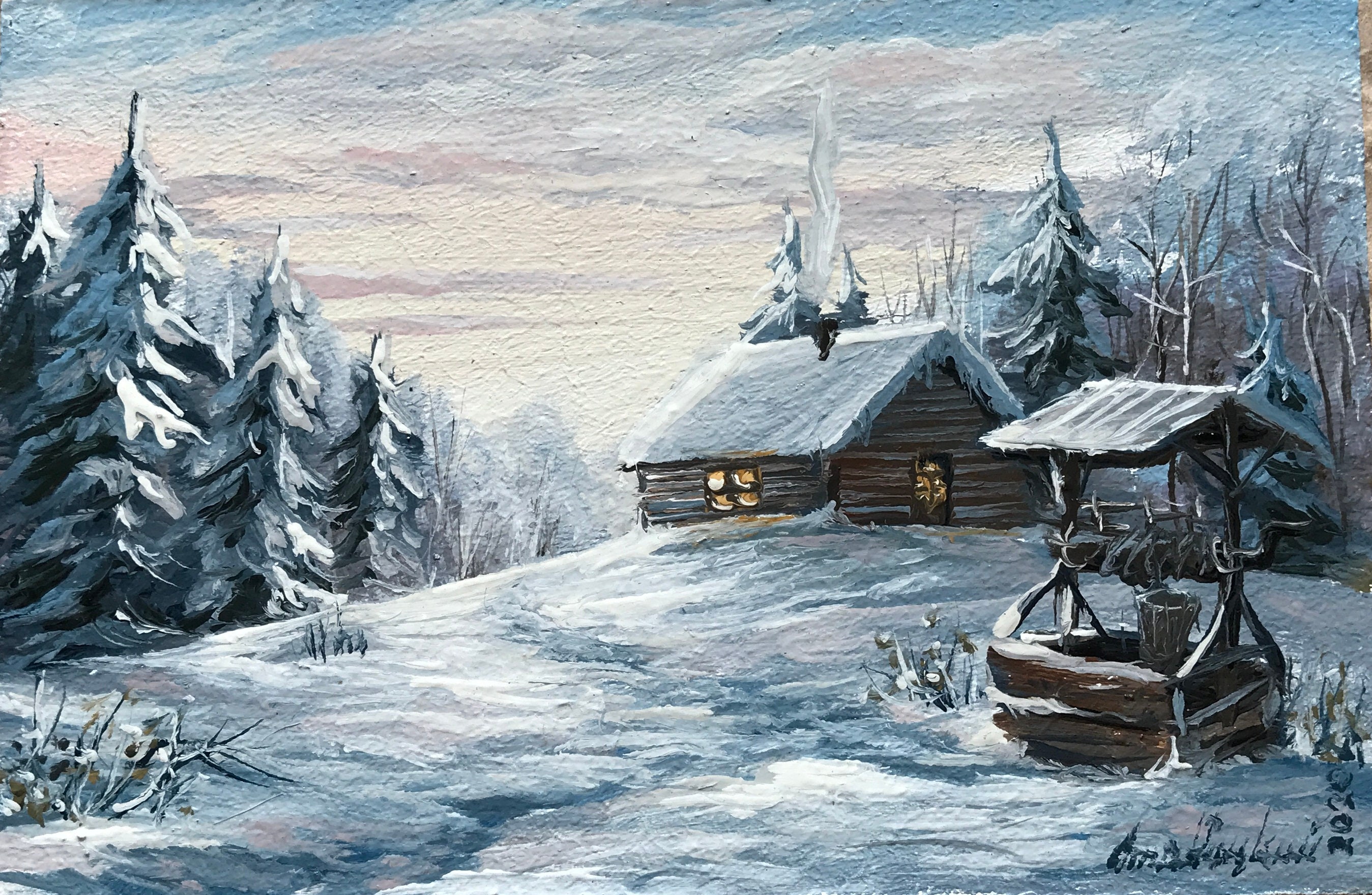 Winter Oil Painting Mini Masterpiece Snowy Art Old Hunting Lodge and ...