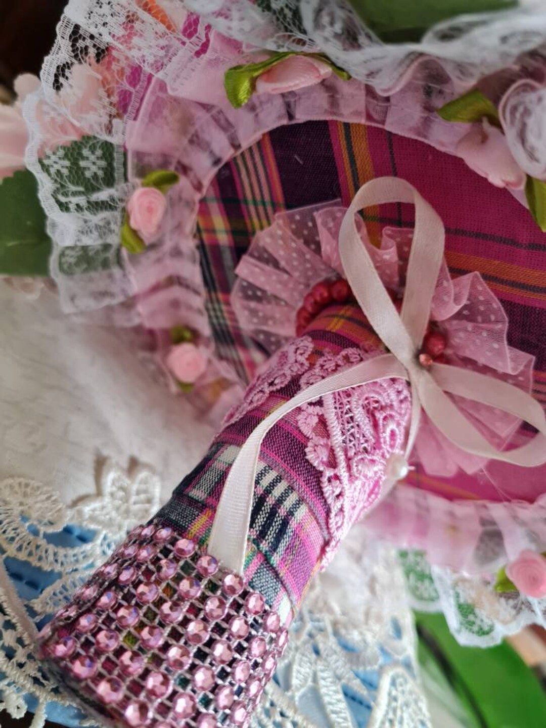 Pink Wedding Bouquet. Pink Madras, Fabrics, Lace, Pink Roses, Pink ...