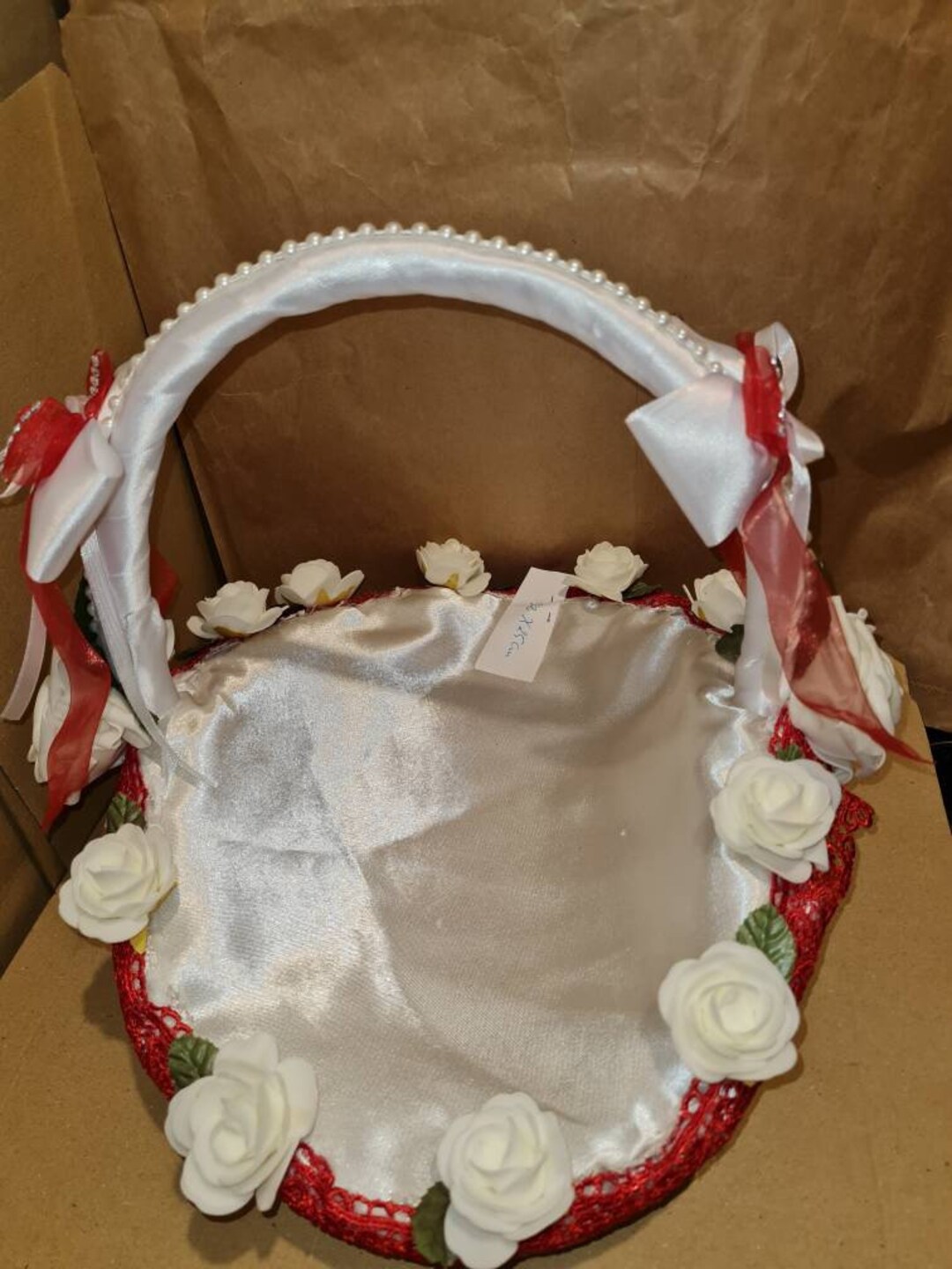 White and Red Wicker Basket in Satin, With White Roses, Organza Knots ...