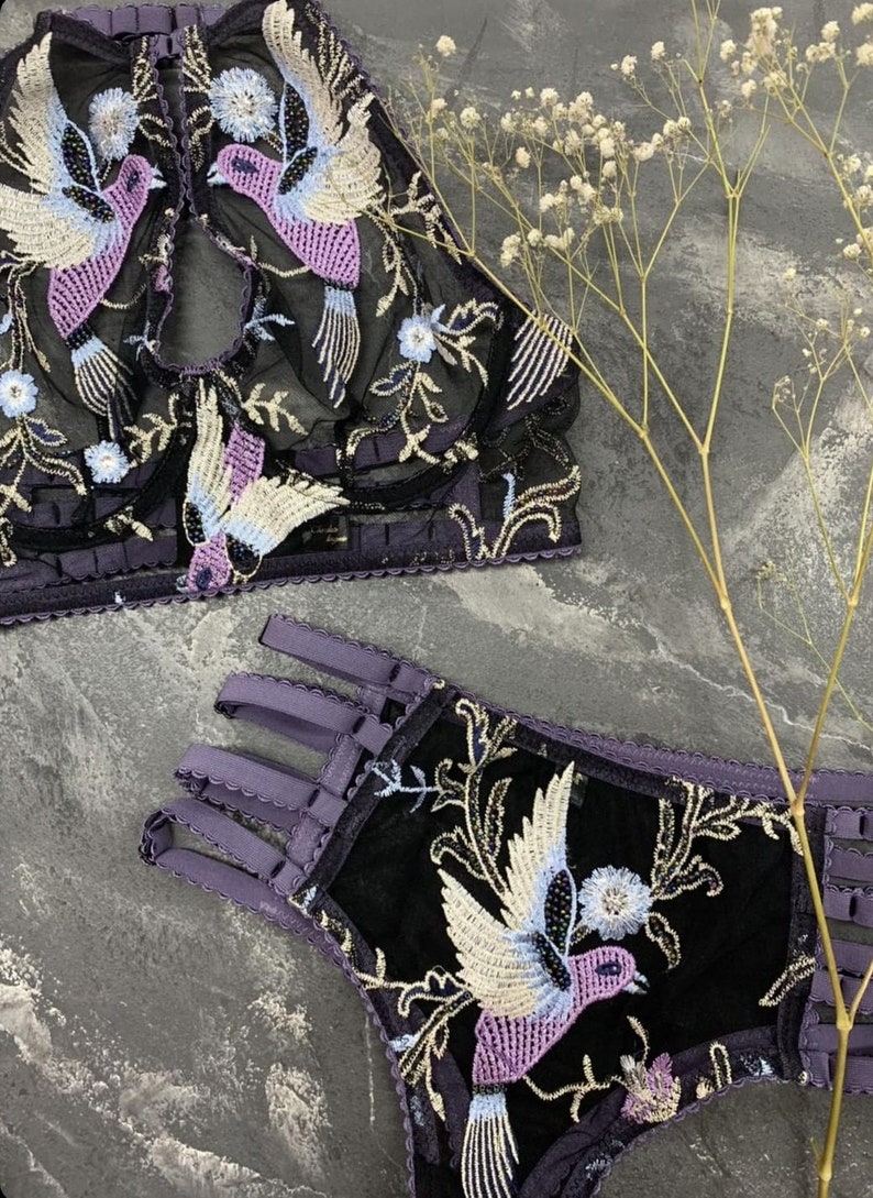 Birds Floral Lingerie Set Strappy Mesh Lingerie Sheer Bra - Etsy