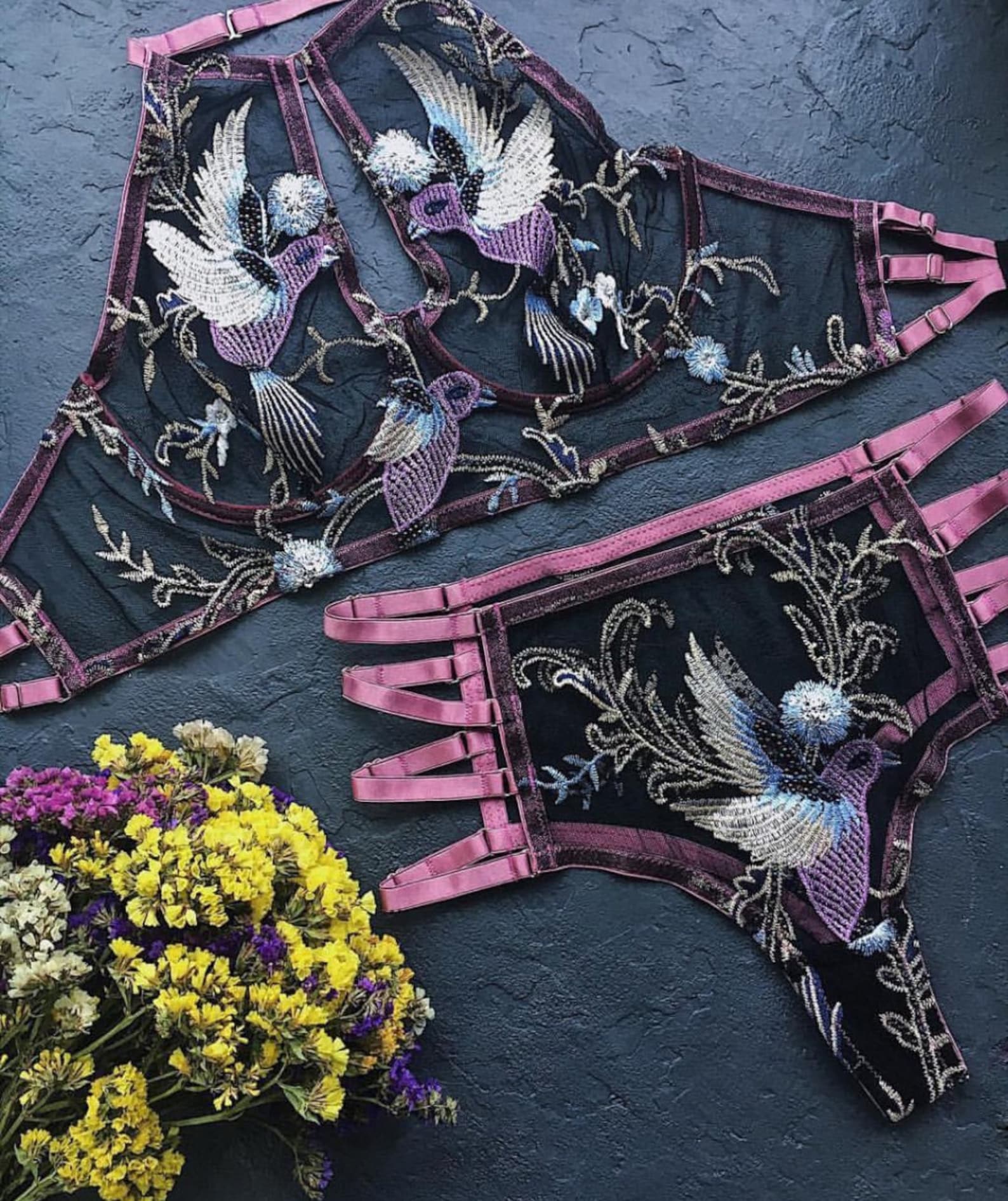 Birds Floral Lingerie Set Strappy Mesh Lingerie Sheer Bra - Etsy