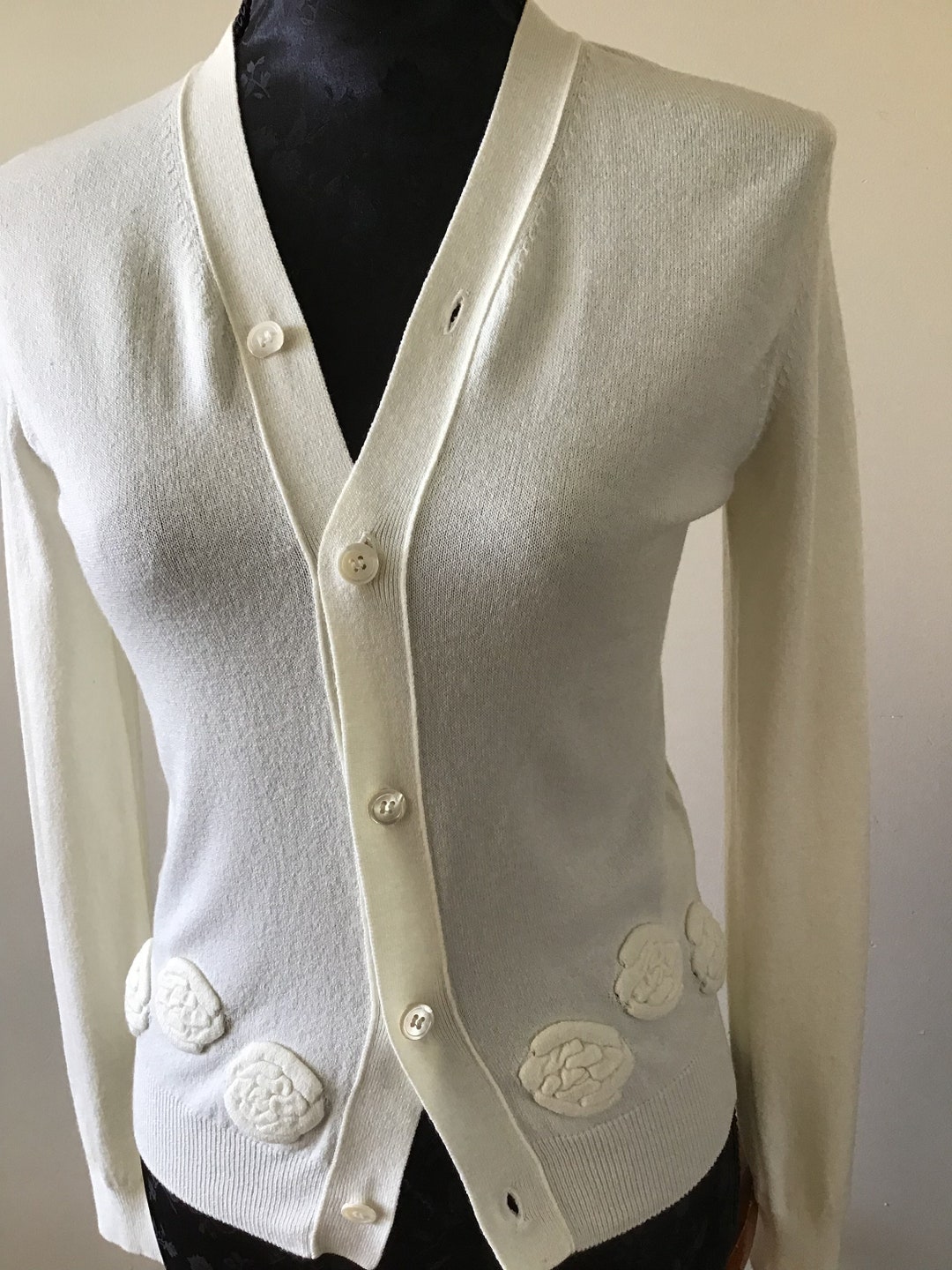 Vintage 70’s Japan Cardigan/cream Cotton Blend With Rose Appliqués ...