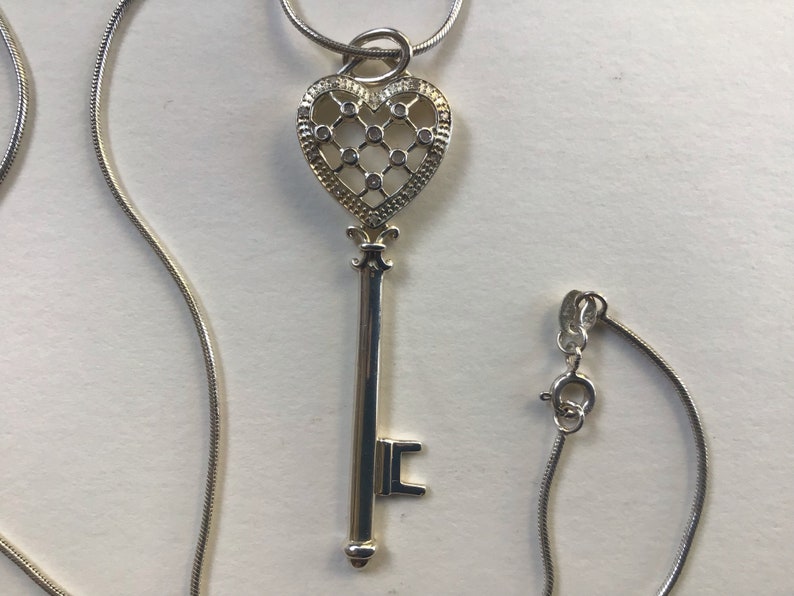 Vintage 90s Sterling Silver Heart Key Pendant Necklace: Diamond Accent ...