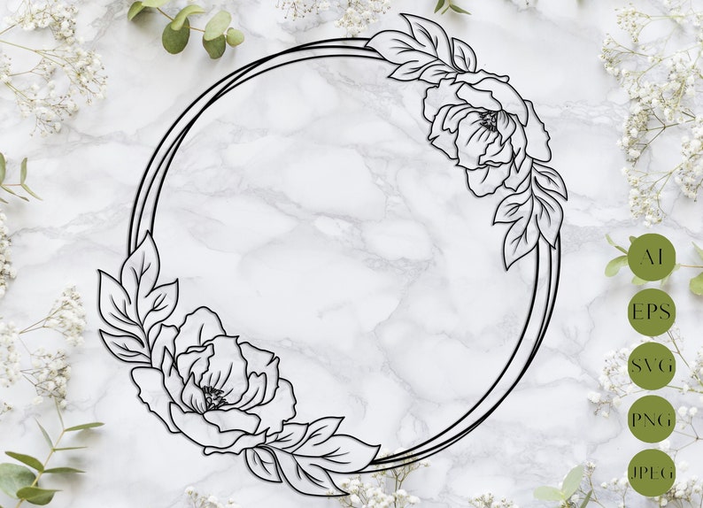 Floral Circle Wreath Svg Roses Border Printable Frame Svg Etsy