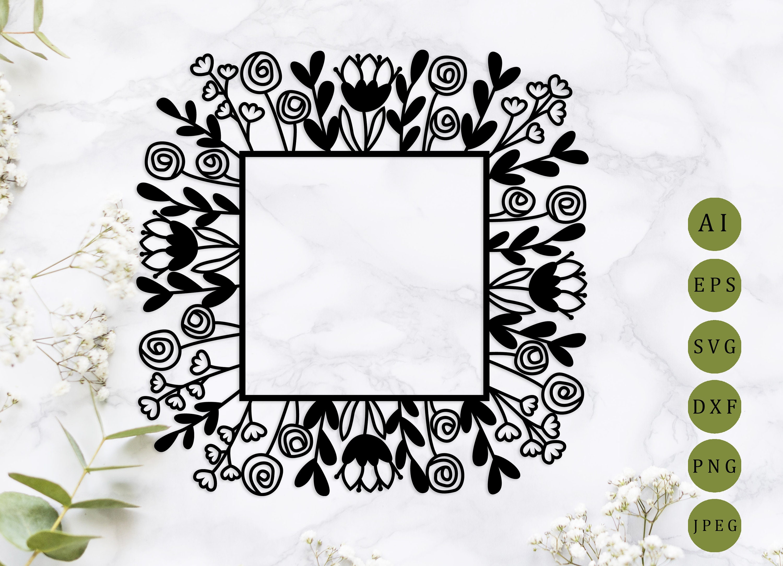 Square flower border svg laser cut file Floral frame svg | Etsy
