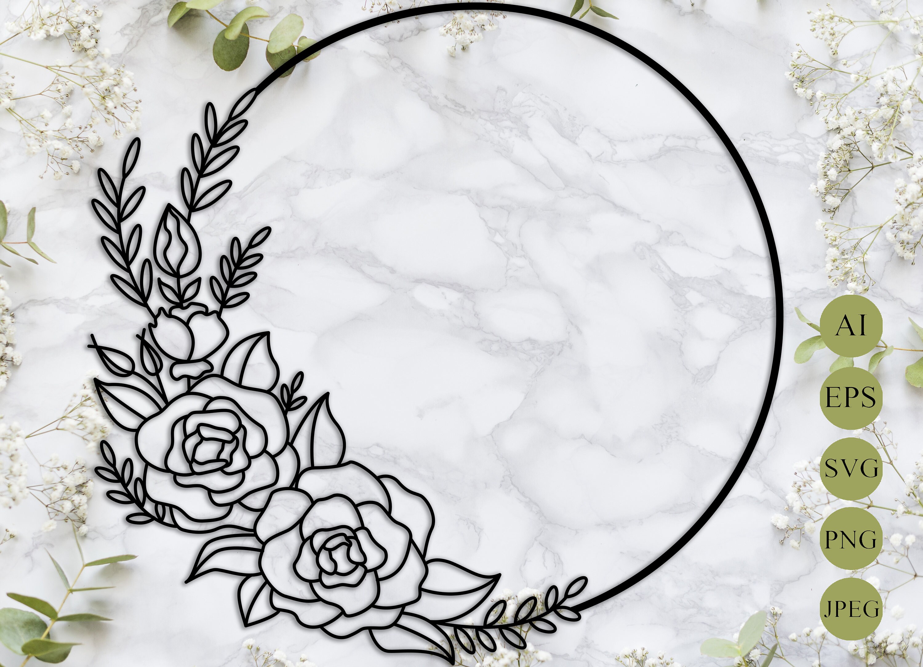 Floral circle frame SVG Roses monogram border Floral wreath | Etsy