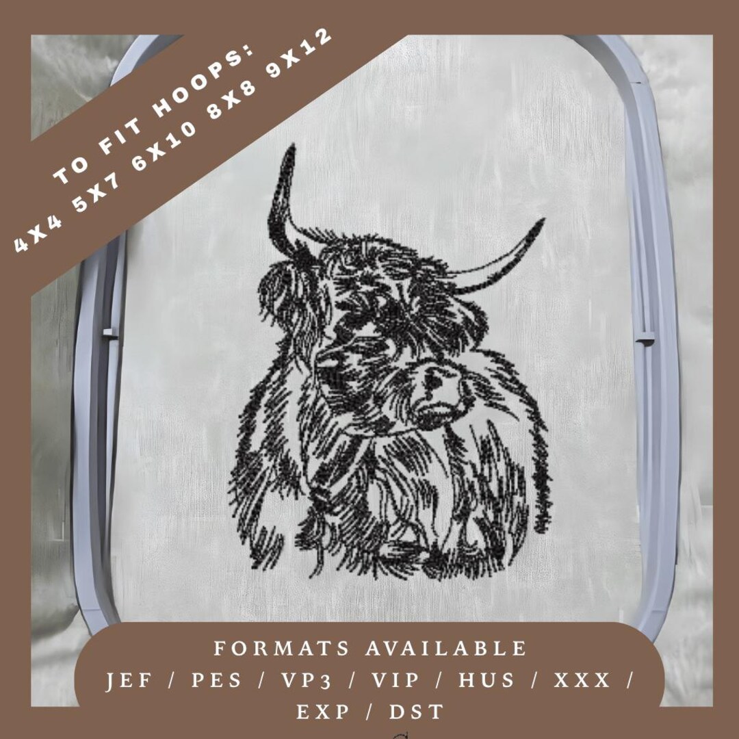 Scottish Highland Cow Coo Embroidery Design – Redwork Sketch Pattern ...