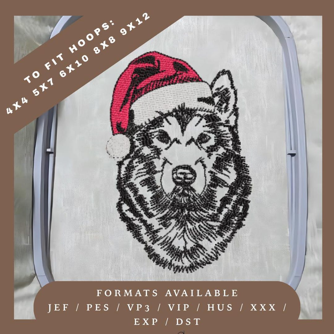 Christmas Husky Dog Redwork Embroidery Design: 5 Sizes (digital ...