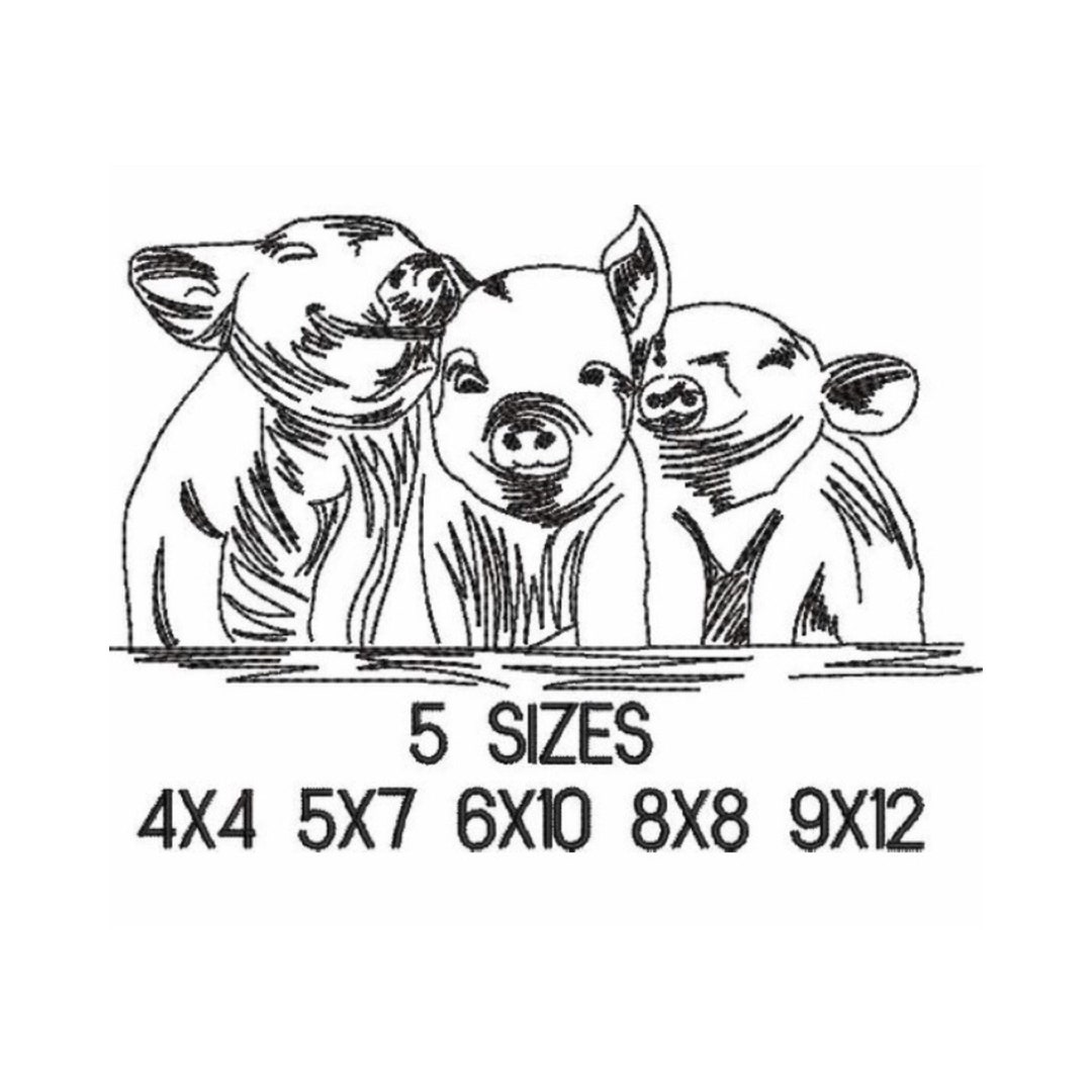Vintage Farmyard Piglets Redwork Sketch Machine Embroidery Design 5 ...