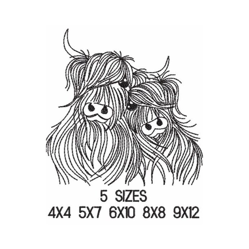 Scottish Highland Cow Pair Redwork Sketch Machine Embroidery | Etsy