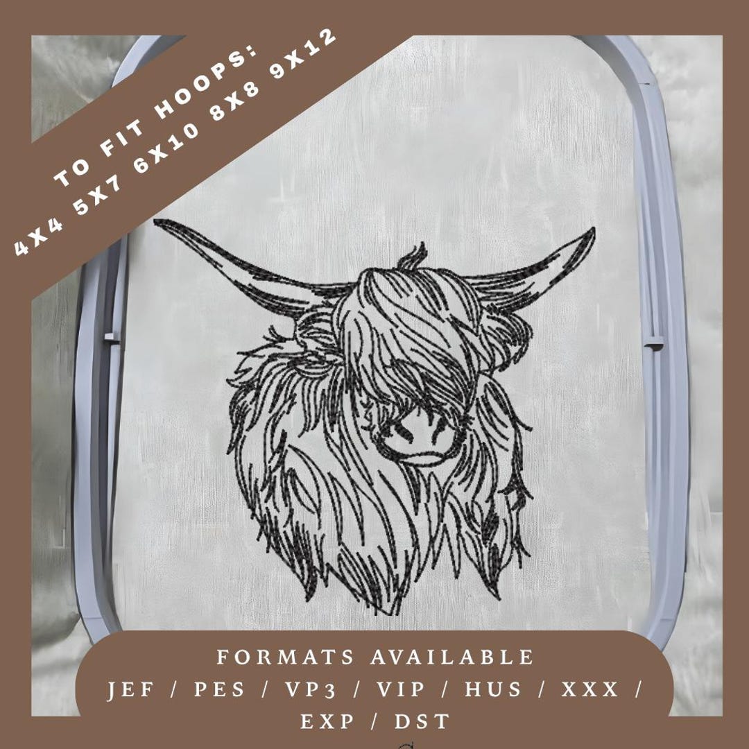 Scottish Highland Cow Coo Embroidery Design – Redwork Sketch Pattern ...