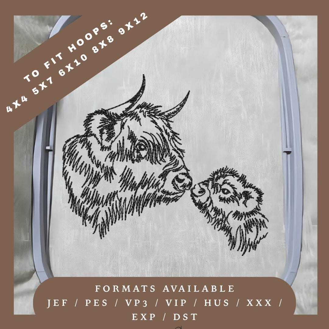 Scottish Highland Cow Coo Embroidery Design – Redwork Sketch Pattern ...
