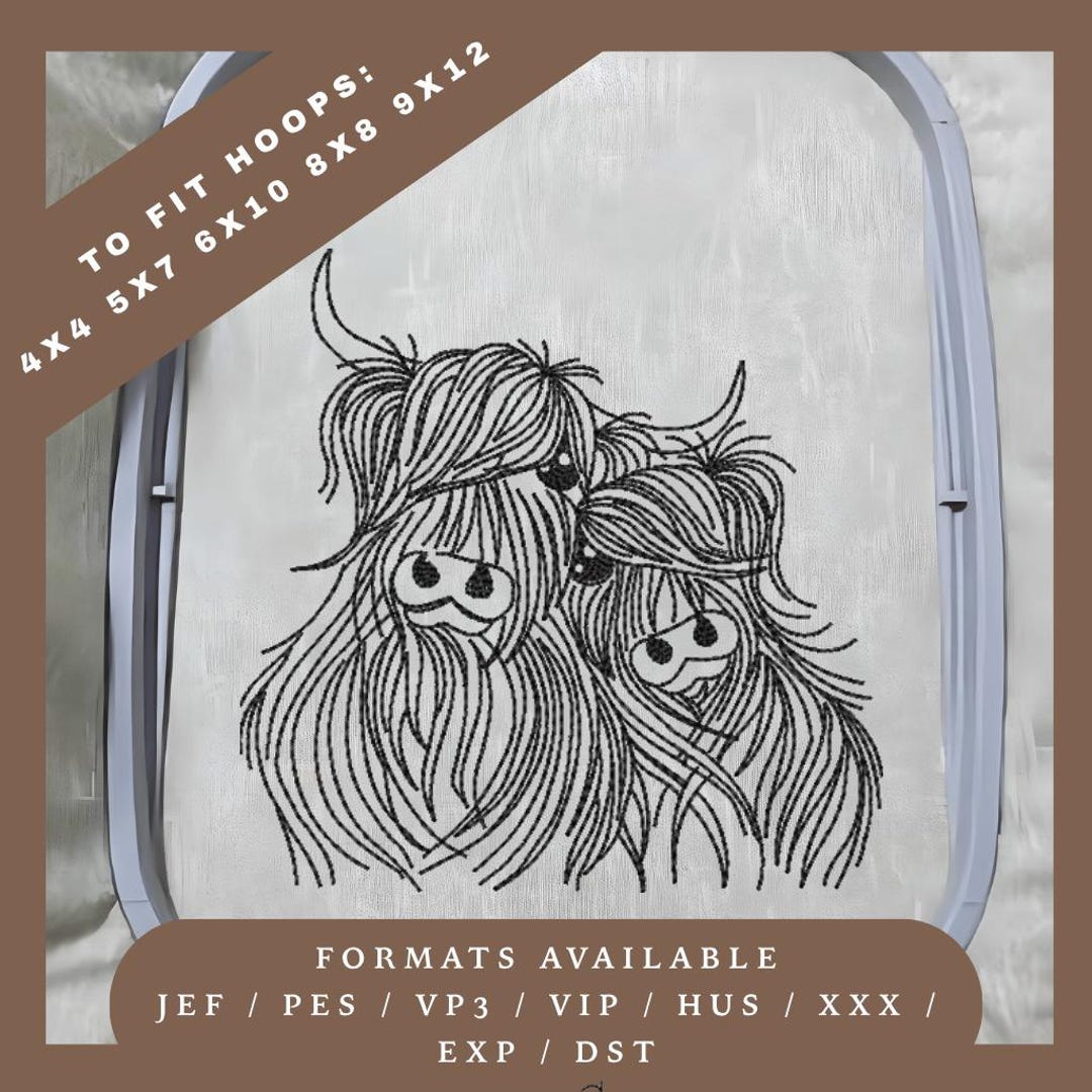 Scottish Highland Cow Coo Embroidery Design – Redwork Sketch Pattern ...