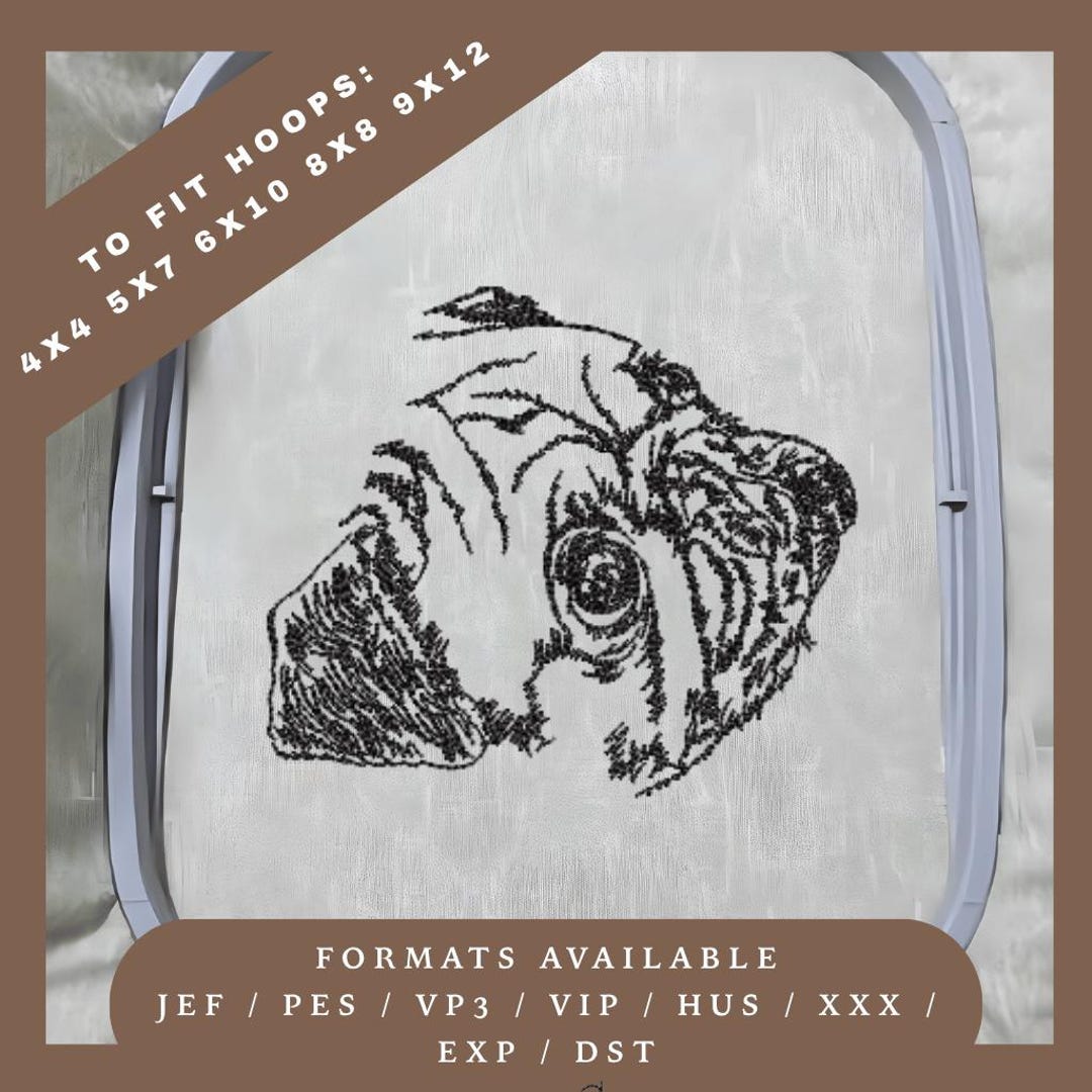 Pug Dog Embroidery Design – Redwork Sketch Pattern – 5 Hoop Sizes ...
