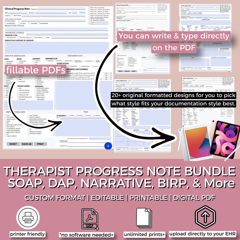 New Progress Notes for Therapists, Printable & Fillable Template ...