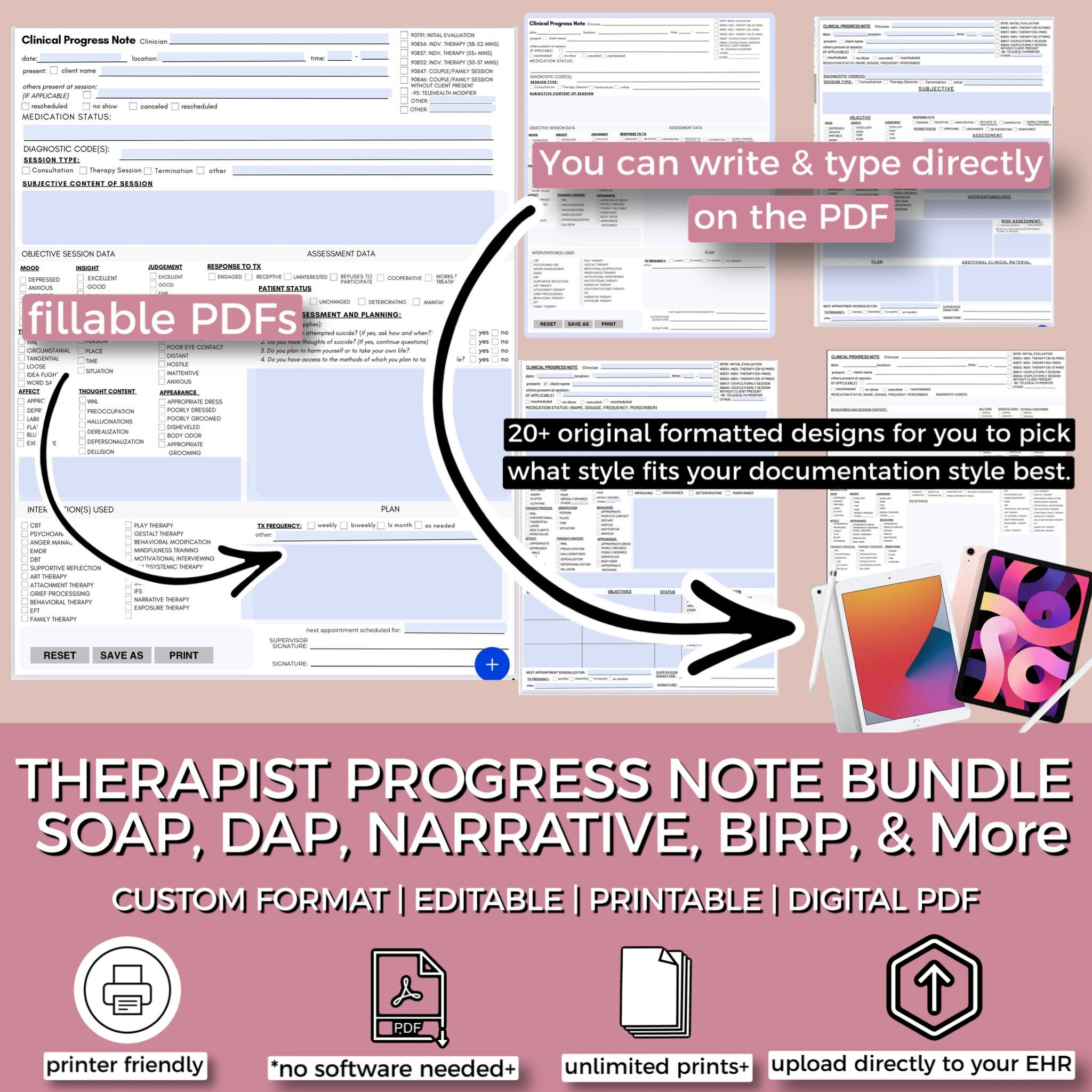 New Progress Notes for Therapists, Printable & Fillable Template ...