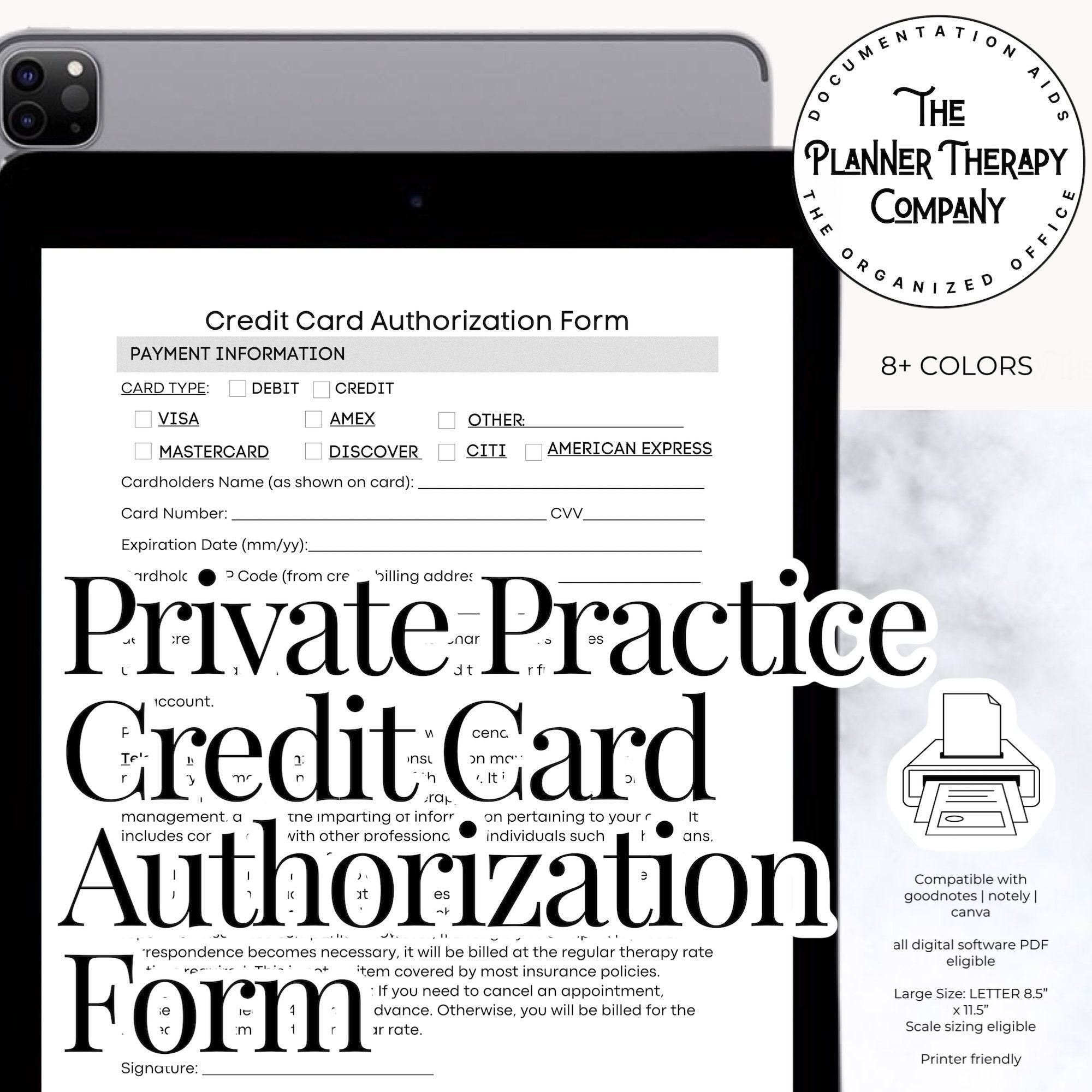 Credit Card Authorization Form for Therapists, Printable Template ...
