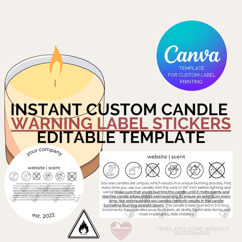 Candle Warning Label| Canva Templates | Editable Templates | Candle ...