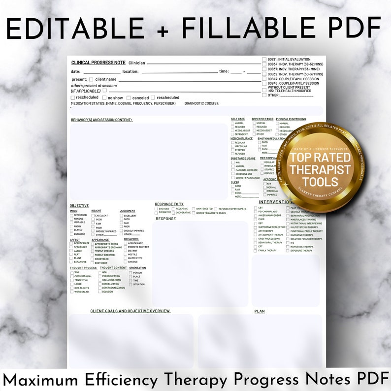 New Progress Notes for Therapists, Printable & Fillable Template ...